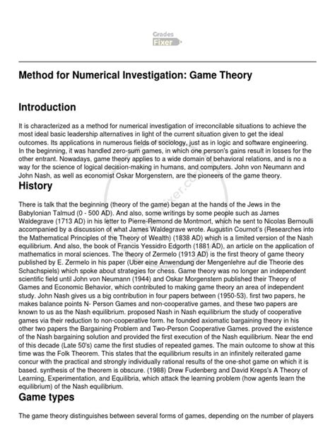 Method For Numerical Investigation Game Theory Pdf Game Theory