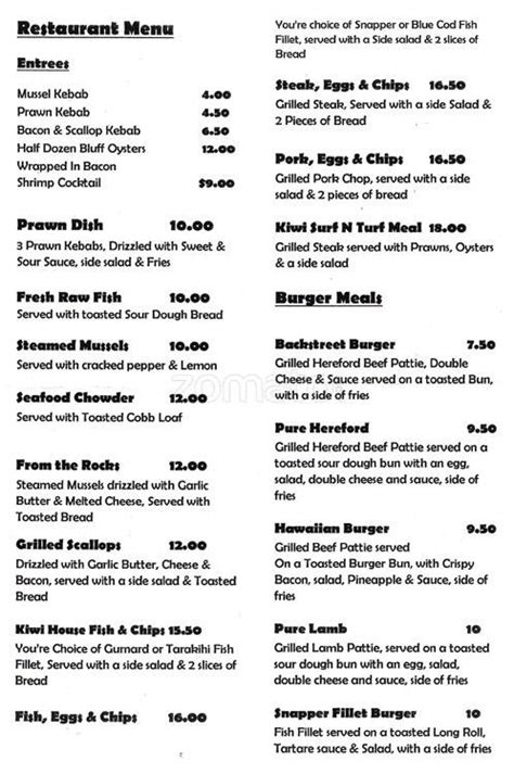 Menu At Kiwi Surf N Turf Restaurant Hamilton Five Crossroads
