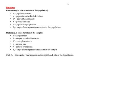 HT CI Summary yee Notations Parameters i characteristics of the population 𝜇