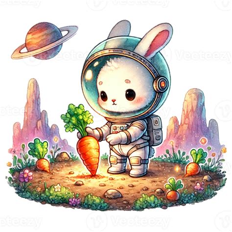 Cute Rabbit Astronaut Discovering Carrots On An Alien Planet