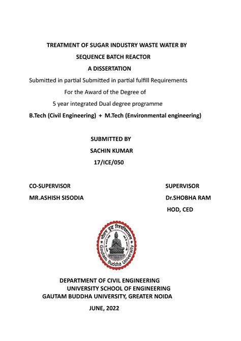 Sachin Thesis Reserch Work TREATMENT OF SUGAR INDUSTRY WASTE WATER BY SEQUENCE BATCH REACTOR