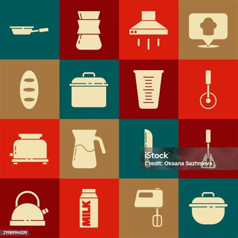 냄비 주걱 피자 나이프 주방 추출기 팬 빵 덩어리 프라이팬 계량컵 아이콘을 설정합니다 벡터 다중 색상에 대한 스톡 벡터 아트 및 기타 이미지 Istock