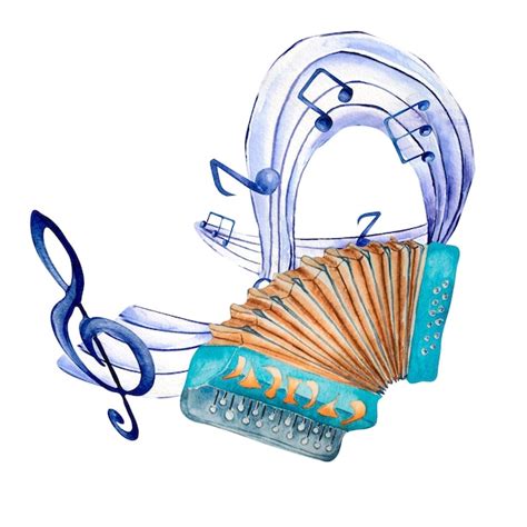 고음 음자리표 음표와 흰색에 아코디언 수채화 그림 프리미엄 사진