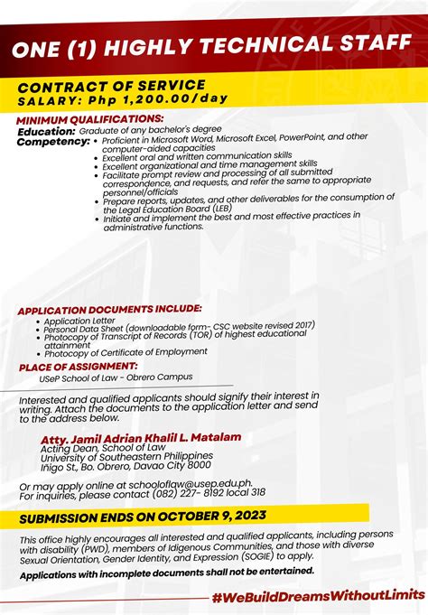 Usep Job Hiring Usep Is In Need Of One 1 Non Teaching Personnel For School Of Law Sol