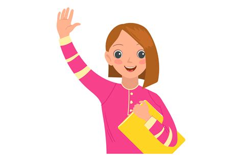 Friendly School Girl Waving Hand Greeti Gráfico Por Vectorbum