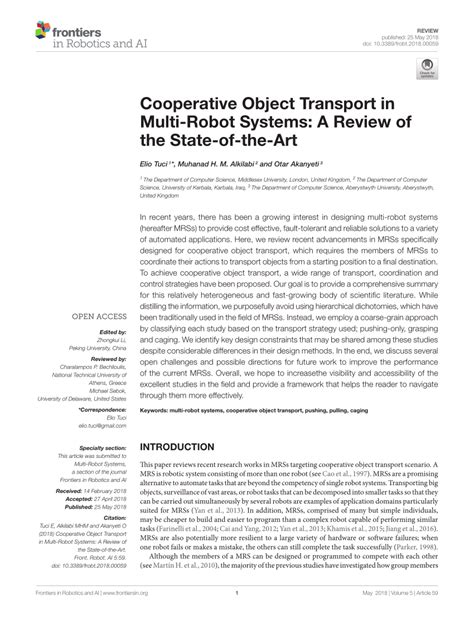 Pdf Cooperative Object Transport In Multi Robot Systems A Review Of The State Of The Art