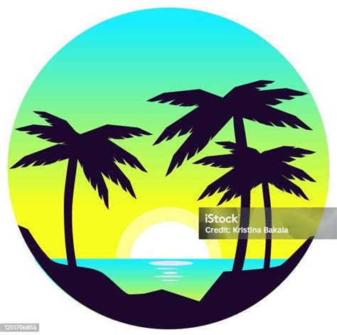 야자수와 바다가 있는 햇볕이 잘 드는 해변의 벡터 라운드 기호 로고에 대한 스톡 벡터 아트 및 기타 이미지 로고 산 신스웨이브 스타일 Istock
