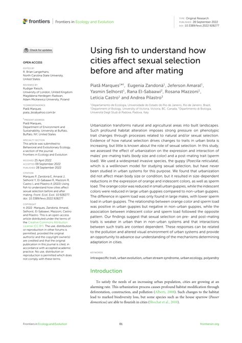 PDF Using Fish To Understand How Cities Affect Sexual Selection Before And After Mating