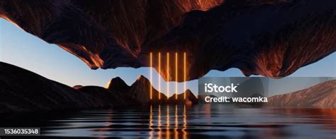 3d 렌더링 절벽과 물이 있는 미래의 바다 풍경 위로 빛나는 노란색 네온 수직선 현대의 미니멀 추상적 배경 일몰 또는 일출 빛이 있는 영적 선 벽지 0명에 대한 스톡 사진