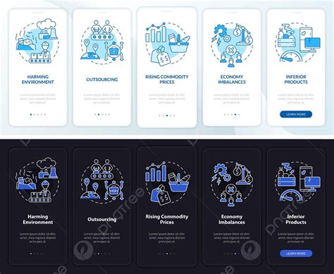 Onboarding Mobile App Screen Market Economy Drawbacks In Day And Night Mode Vector Design