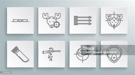 화살로 라인 화살통을 설정하고 무스 십자선에서 사냥 총 사격 오리 곰 머리 방패 힙스터 및 함정 사냥 아이콘을 설정합니다 벡터 0명에 대한 스톡 벡터 아트 및 기타 이미지