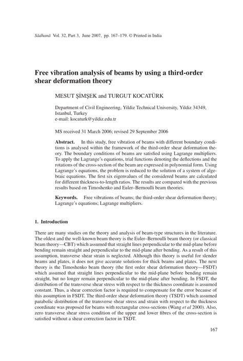 Pdf Free Vibration Analysis Of Beams By Using Third Order Shear