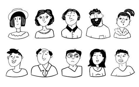 Нарисованные От Руки Чернобелые Лица Людей Портреты Разных Мужчин И