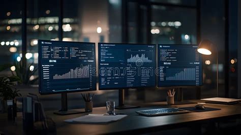 Modern Desk Setup With Multiple Digital Screens Displaying Data