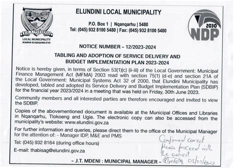 tabling and adoption of service delivery budget implementation plan