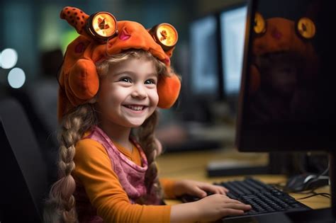 Premium Ai Image Happy Girl In Software Developer Costume With