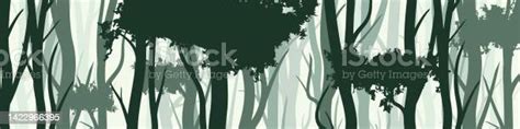 다양한 침엽수 림 또는 낙엽수가있는 야생 숲 다양한 나무 줄기 실루엣이있는 넓은 수평 배너 어두운 안개가 자욱한 소나무 숲 풍경 파노라마 벡터 일러스트 레이 션 녹색에 대한