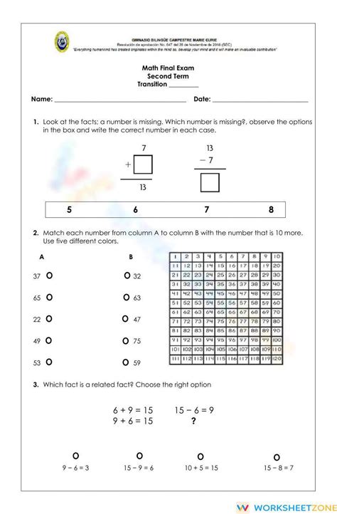 Math Exam Transition Second Term Worksheet