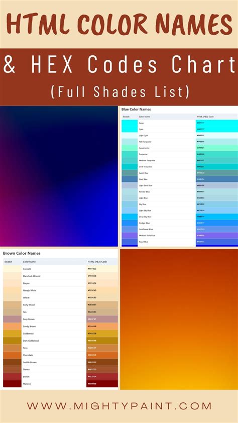 Html Color Names And Hex Codes Chart Complete Css Reference