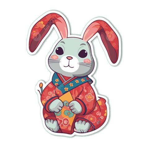 기모노를 입은 토끼와 당근 캐릭터 귀여운 인형 클립 아트를 들고 벡터 고립 된 만화 중국 새 해 토끼와 스티커 디자인 상표