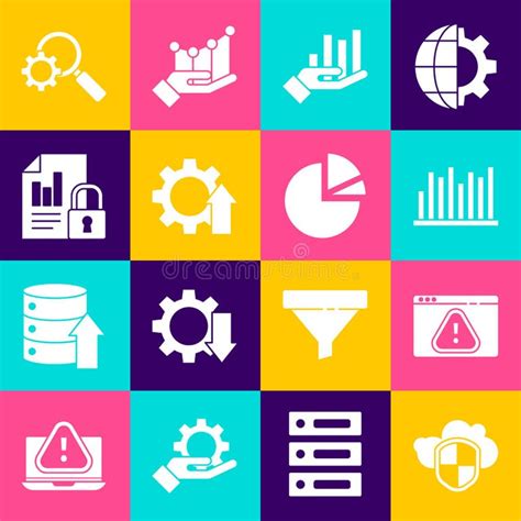 Set Cloud And Shield Browser With Exclamation Mark Pie Chart Infographic Arrow Growth Gear