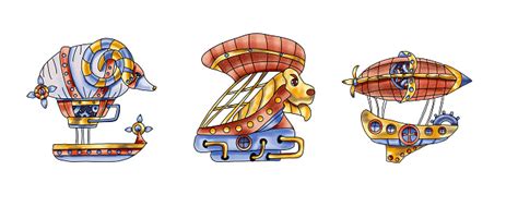 화재 표지판 양자리 레오 궁수 자리 는 수채화로 칠해져 있습니다 조디악은 스팀펑크 스타일의 비행선 아이콘 형태로 표지판을 표시합니다 스팀펑크 스타일의 점성술 요소의 조디