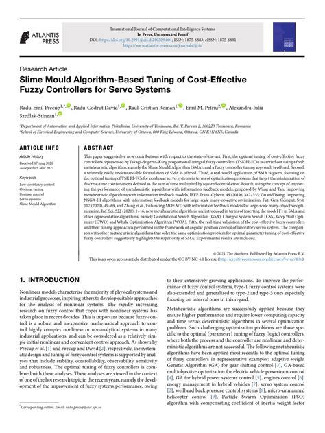 Pdf Slime Mould Algorithm Based Tuning Of Cost Effective Fuzzy