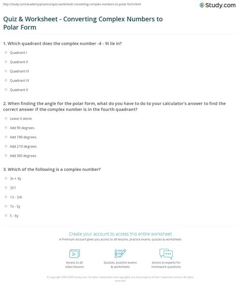 Quiz And Worksheet Converting Complex Numbers To Polar Form