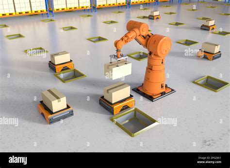 Automation Factory Or Cargo Concept With 3d Rendering Robot Arms And Warehouse Robots Stock