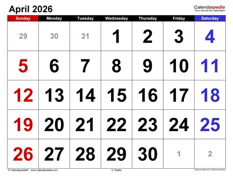 April 2026 Calendar Templates For Pdf Excel And Word