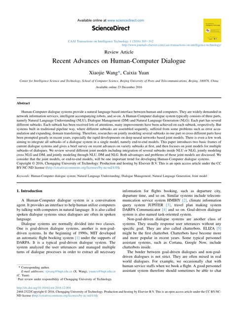 Pdf Recent Advances On Human Computer Dialogue