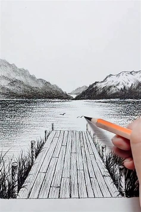 Landscape Pencil Drawing Dock On The Water Drawing Ideas Pencil