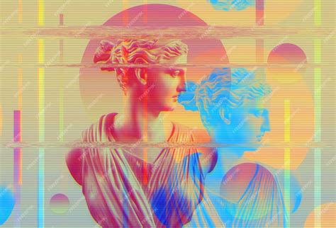 글리치 효과가 있는 골동품 조각의 3d 초상화 사이버펑크 스타일 인공 지능의 개념적 질병 가상 현실 딥 러닝 및 의심 시스템