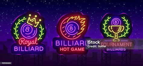 당구 로고 네온 스타일의 컬렉션입니다 네온 사인 당구 바 클럽 맥주와 당구 로얄 라이트 배너 밤 네온 광고 디자인 요소에 대 한 디자인 서식 파일을 설정합니다 벡터입니다