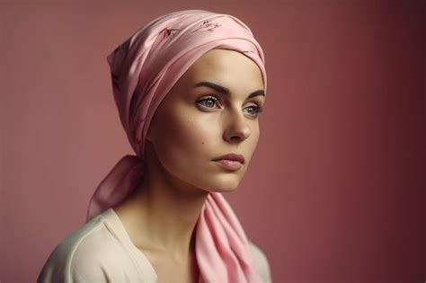 Retrato de uma mulher careca de meia idade usando um lenço de cabeça rosa generative ai Foto