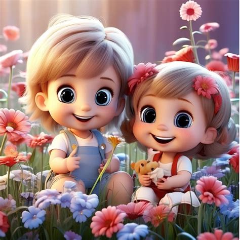 Premium Photo Cute Babay And Doll Enjoy With Flowers Cartoon Scenery