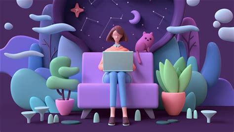 تصویر سه بعدی زن سبزه با لپ تاپ که اواخر شب روی مبل نشسته در پس زمینه