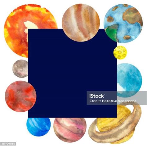수채화 손은 수성 금성 지구 화성 목성 토성 천왕성 해왕성과 태양 행성과 텍스트에 대한 파란색 사각형흰색 배경에 별생명의 자연 구성을 그린 0명에 대한 스톡 벡터 아트 및