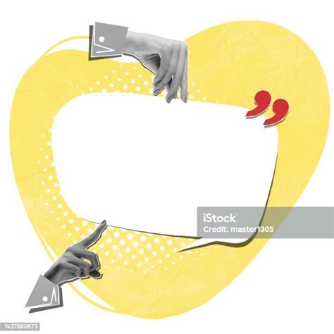 프로모션 광고 아이디어 제품 및 제안을위한 디자인 밝은 배경 위에 흰색 빈 연설 거품이 있는 Bw 손 현대 미술 콜라주 말하기에 대한 스톡 사진 및 기타 이미지 Istock
