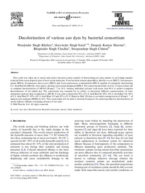 Pdf Decolorization Of Various Azo Dyes By Bacterial Consortium