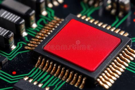 Close Up Of A Red Computer Chip On A Circuit Board Stock Illustration Illustration Of Tiny