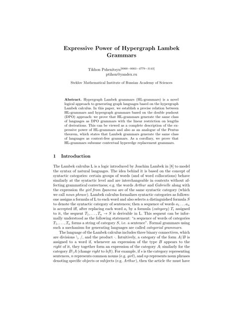Pdf Expressive Power Of Hypergraph Lambek Grammars