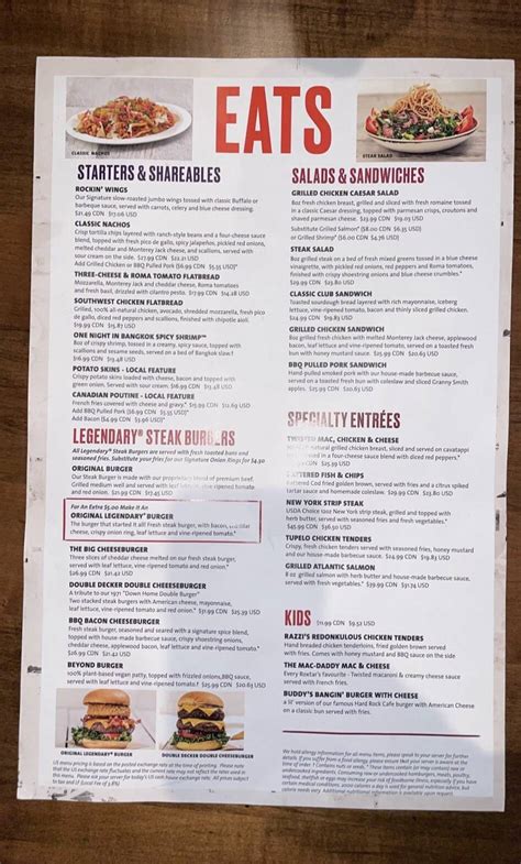 Menu At Hard Rock Cafe Niagara Falls Falls Ave
