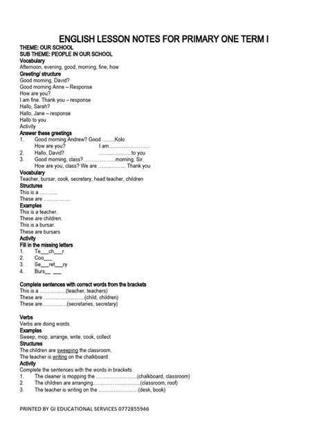 English Lesson Notes For Primary One Term I People In Our School Pdf Plural Ellipsis
