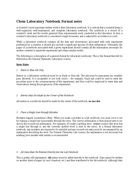 Chem Laboratory Notebook Format Notes It Is Critical That A Scientist