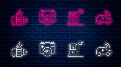 세트 라인 에코 자연 잎 배터리 전기 자동차 충전소 모터 및 스마트 시스템 벽돌 벽에 빛나는 네온 아이콘입니다 벡터 교통수단에 대한 스톡 벡터 아트 및 기타 이미지 Istock