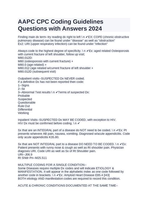 AAPC CPC Coding Guidelines Questions With Answers Exams Medicine Docsity