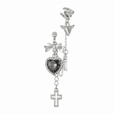Kitcsh Big Black Heart Cross Chain Earcuff Earring 키치 빅 블랙 하트 크로스 십자가
