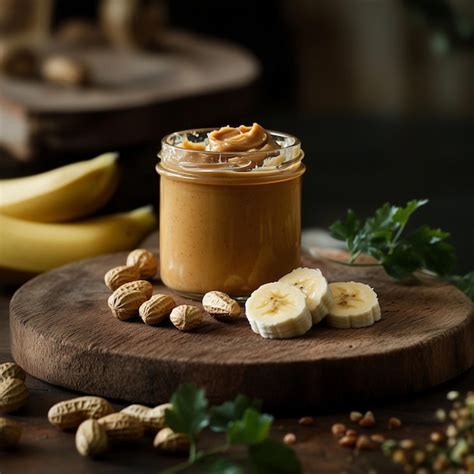 A Jar Of Peanut Butter Sits On A Table With Bananas And Nuts Premium