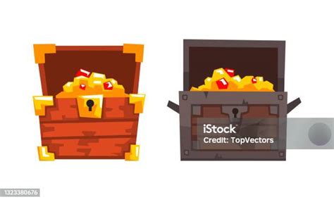 보물 상자 세트 골드와 보석 만화 벡터 일러스트와 함께 오래된 가슴을 열었다 가득 찬에 대한 스톡 벡터 아트 및 기타 이미지 가득 찬 고대 유물 고대의 Istock